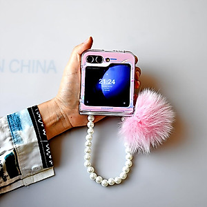 GO-VOLMON Cute Case for Galaxy Z Flip 5 for Grils, Pearl Strap Case for Z Flip 5 with Fluffy Pompon, Woman Wristband Case for Galaxy Z Flip 5 with Pink Phone Print and Furry Ball
