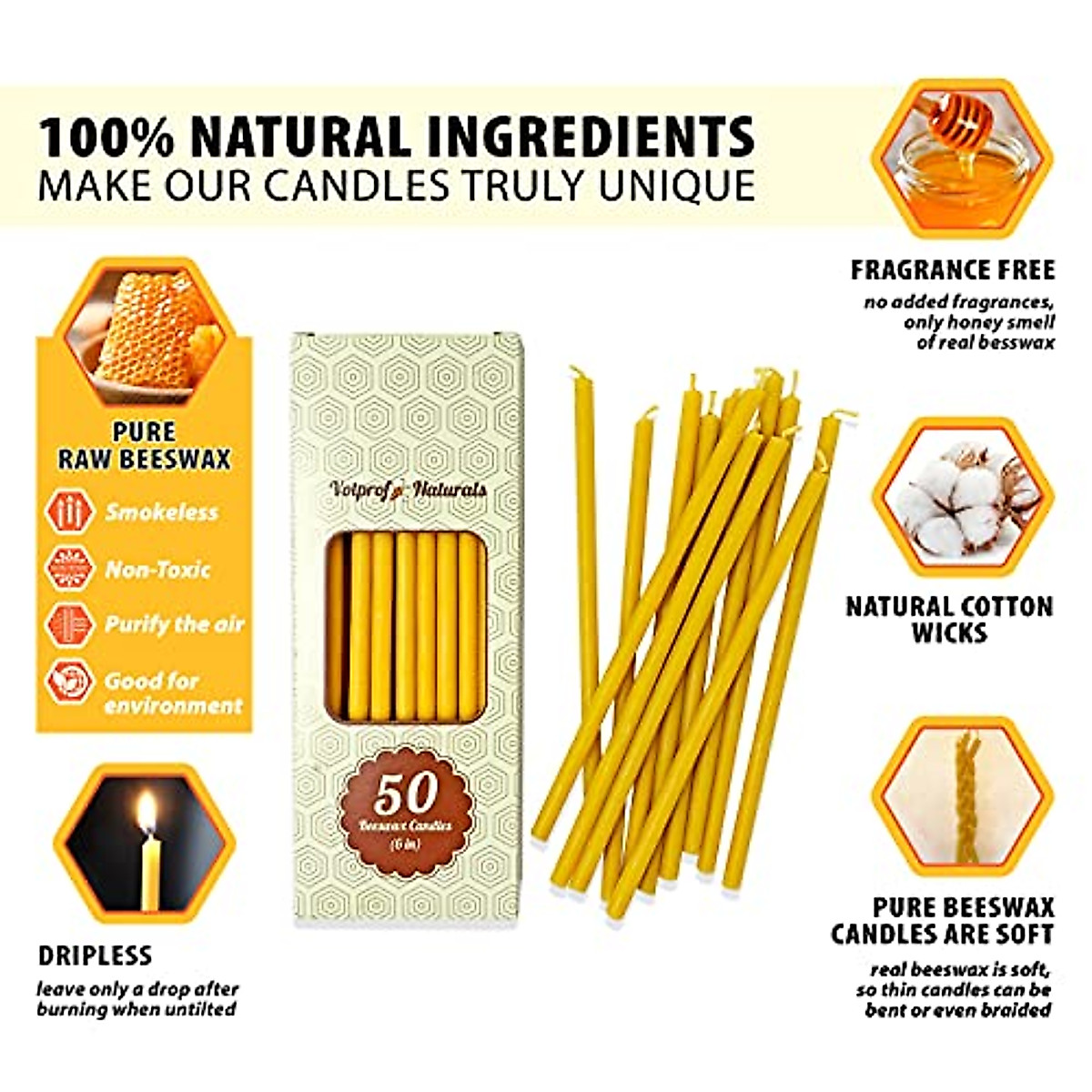 50 Natural 100% Pure Raw Beeswax Taper Candles ( 6") Natural Honey Scent Birthday Cake, Dripless, Smokeless, Nontoxic, Natural Cotton Wick