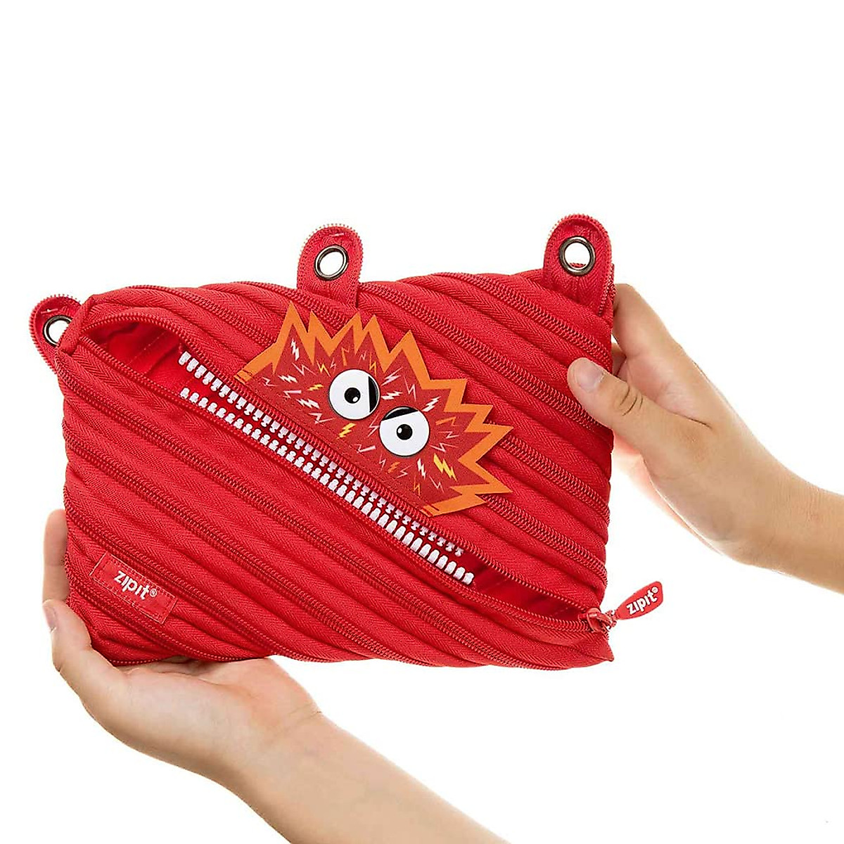 ZIPIT Monstar 3-Ring Binder Pencil Pouch, Large Capacity Pen Case for Kids, Made of One Long Zipper (Red)