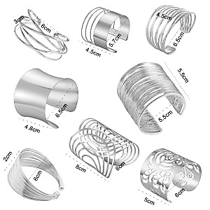 FINZOR 8 Pcs Cuff Bangle Bracelet for Women Open Wide Wire Bracelets Gold Wrist Cuff Wrap Bracelet(Silver)