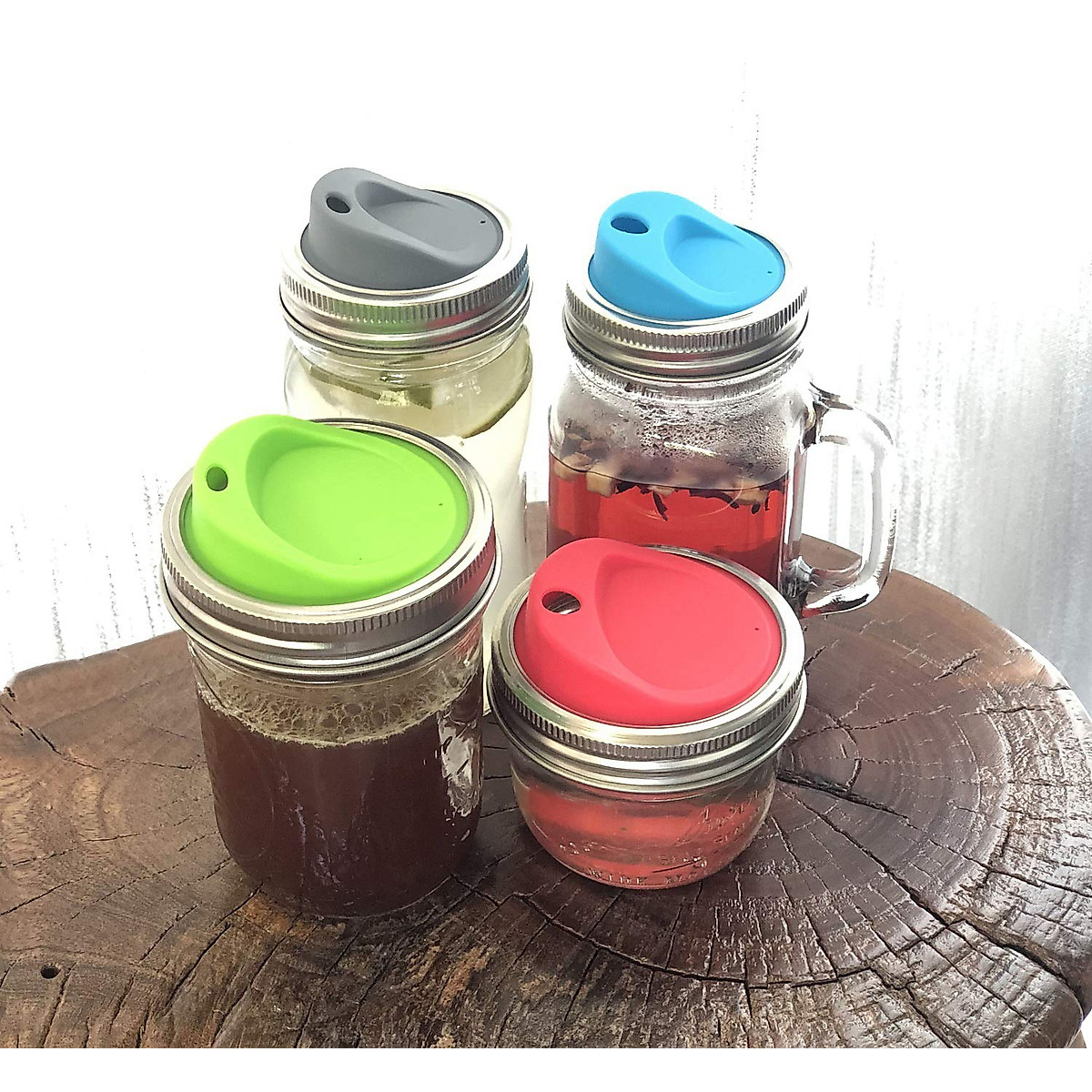 THINKCHANCES Reusable Food Grade and BPA Free Silicone Sip Coffee Juice Drinking Lid Kit with Stainless Steel Rings for Mason, Ball, Canning Jars, Pack of 4 Sets (Wide Mouth,Oval Drinking Hole)