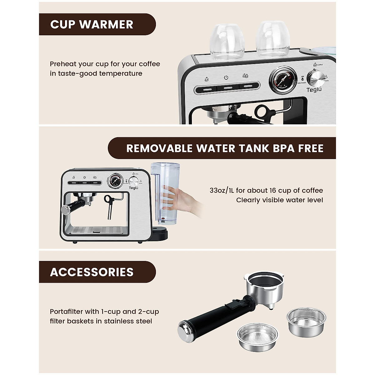 Teglu Espresso Machine 20 Bar with Milk Frother, Semi-Automatic Latte & Cappuccino Coffee Maker Duo-cup 33oz/1L Removable Water Tank for Home/Office, 1450W, ST-693B, Stainless Steel-Black