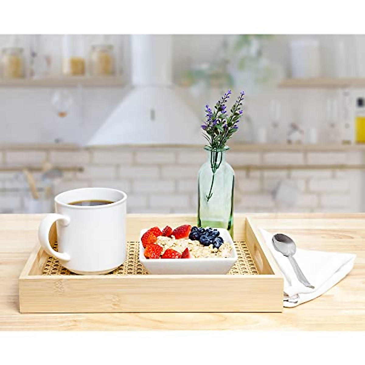 AuldHome Ottoman Rattan Breakfast Trays (Set of 2); Basket Serving Trays with Wooden Fram for Serving Guests, Coffee Break, Breakfast and More