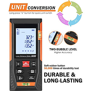 Classic Laser Measure，Digital Laser Measure w/2 Bubble Levels, M/in/Ft/Ft+in Unit Change, Large Backlit LCD, IP54 Shockproof & Waterproof, Live Measuring, Area, Volume, Pythagoras