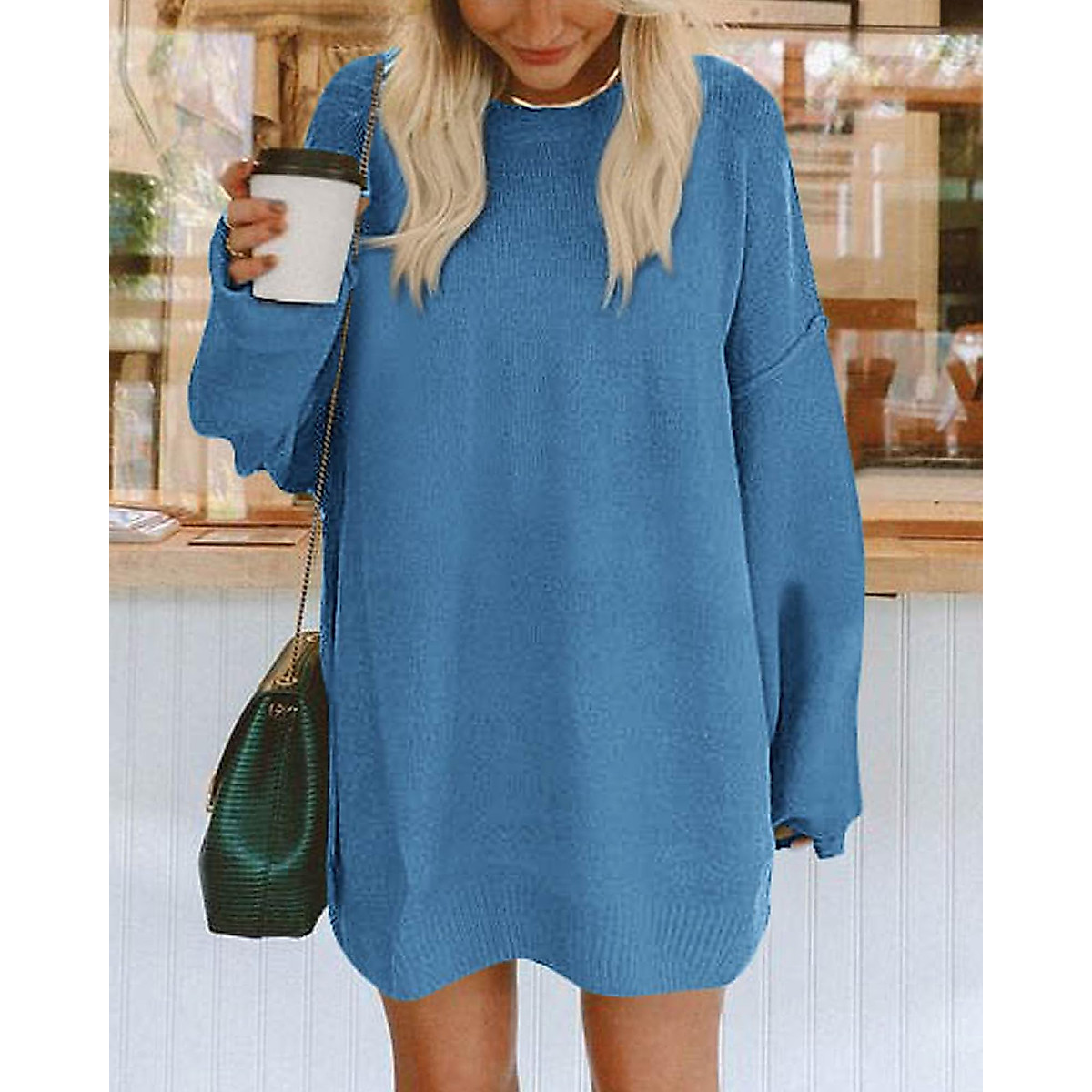 BTFBM 2025 Womens Sweaters Casual Crewneck Long Sleeve Oversized Sweater Dress Fall Winter Loose Slouchy Soft Pullover(Solid Blue, Large)