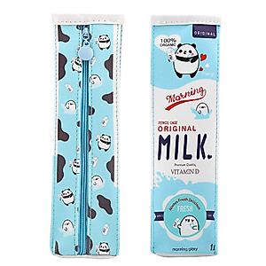 Mumusuki Pencil Bag, 3Colors Cartoon Milk Stationery Bag Waterproof PU Large Capacity Pencil Case Storage Bag(blue)