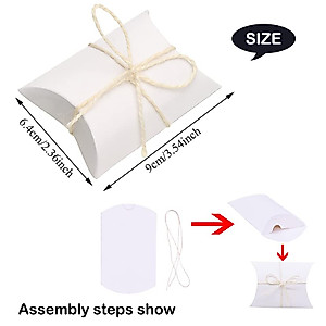 AKOAK Kraft Paper Pillow Box, Candy Favor Gift Boxes for Wedding Birthday and Christmas,Pack of 50 with 50 Pcs Jute Twines (White)