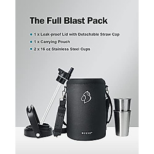 BUZIO Insulated Gallon Water Bottle with Straw Lid and Carrying Sleeve, 128oz Stainless Steel Water Jug with Two Stainless Steel Cups, Hot Cold Metal Canteen Water Flask, Black