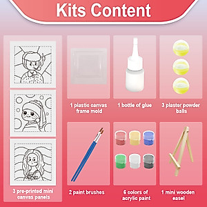 AUREUO Ceramic Mold Painting Kit for Kids - Little Artist - Arts & Crafts DIY Plaster to Paint, 3 Predrawn Mini Canvas & Easel, Acrylic Paint Set & Brush Toy Gift