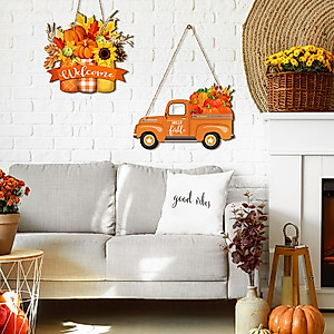 Thyle 2 Pcs Welcome Fall Thanksgiving Front Door Decor Hello Fall Truck Door Signs Pumpkin Maple Leaf Sunflower Door Hanging Fall Wall Decoration