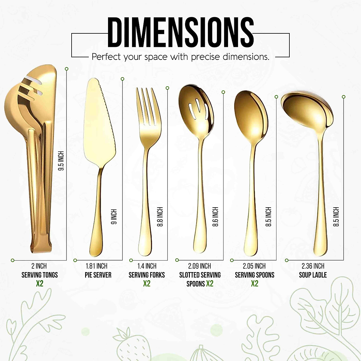 NEXNEOM Serving Utensils Set Gold 10-Piece - Stainless Steel Stunning Mirror-Finish, Lightweight, Dishwasher Safe - Includes Slotted Spoons, Forks, Tongs, Ladle, and Pie Server for buffet & parties