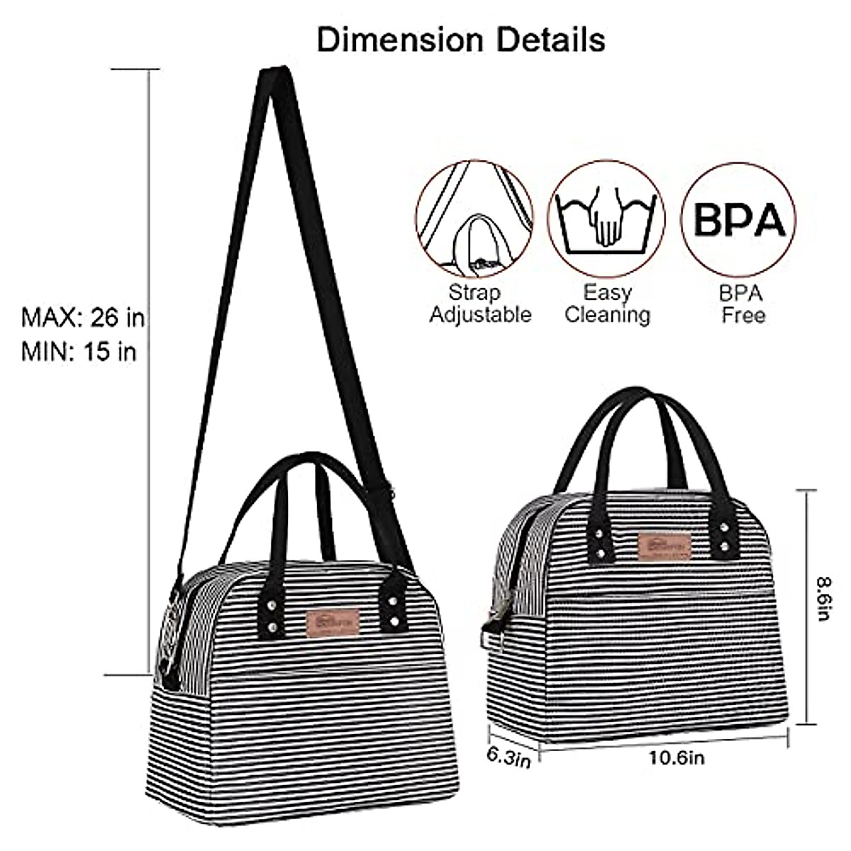 HOMESPON Reusable Insulated Lunch Bag Cooler Tote Box with Front Pocket Zipper Closure for Woman Man Work Picnic or Travel(Black and White Stripe with Shoulder)