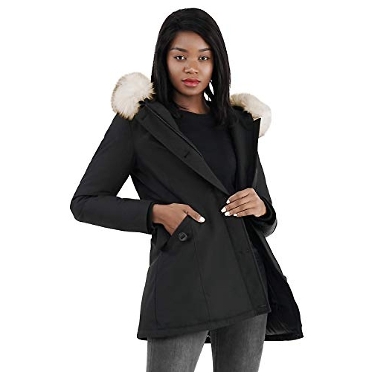 Molemsx Hooded Warm Winter Coats, Women Gift Festive Lined Outwear Golf Climaproof Heather Rain Active Great with Muffler Windbreaker Fashion Bomber Cotton Padding Jacket with Faux Fur(Black,L)
