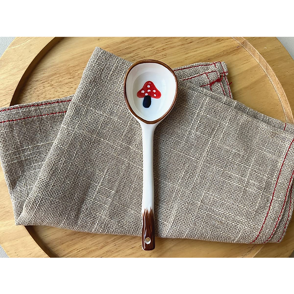 Bicuzat Vintage Ramen Soup Spoons, Ceramic Asian Soup Spoons Tablespoon, Rice Noodles Dinner Serving Spoon, Dessert Spoon, Ladles for Pho Miso Cereal Sauce Gravy Condiment, 4 PCS-Mushroom-6.6 Inch