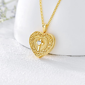 SOULMEET 18K Plated Gold Cross Birthstone April Simulated Crystal Locket Necklace That Holds 1 Picture Photo Locket Gift (Locket only)