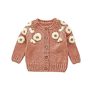 Infant Baby Girl Knitted Cardigan Embroidery Long Sleeve Button Sweaters Tops Casual Jacket Fall Winter Clothes Outfit (Embroidery Pink, 18-24 Months)