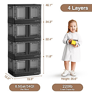 BROVIEW V6 Storage Bins with Lids, 136 QT Stackable Storage Bins with Wheels, Collapsible Storage Bins with Doors, Folding Storage Cabinets for Closet, Home Office Dorm Organizer Essential, Black