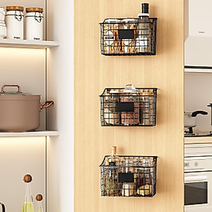 Wall Mounted Bin Basket with 5 Hooks 3 Label Plate Adhesive-3 Pack, Cabinet Hanging Metal Wire Basket,Rustic Farmhouse Decor, Storage Organization Shelf for Pantry Kitchen Bathroom 10.6*7.5*5.1inch