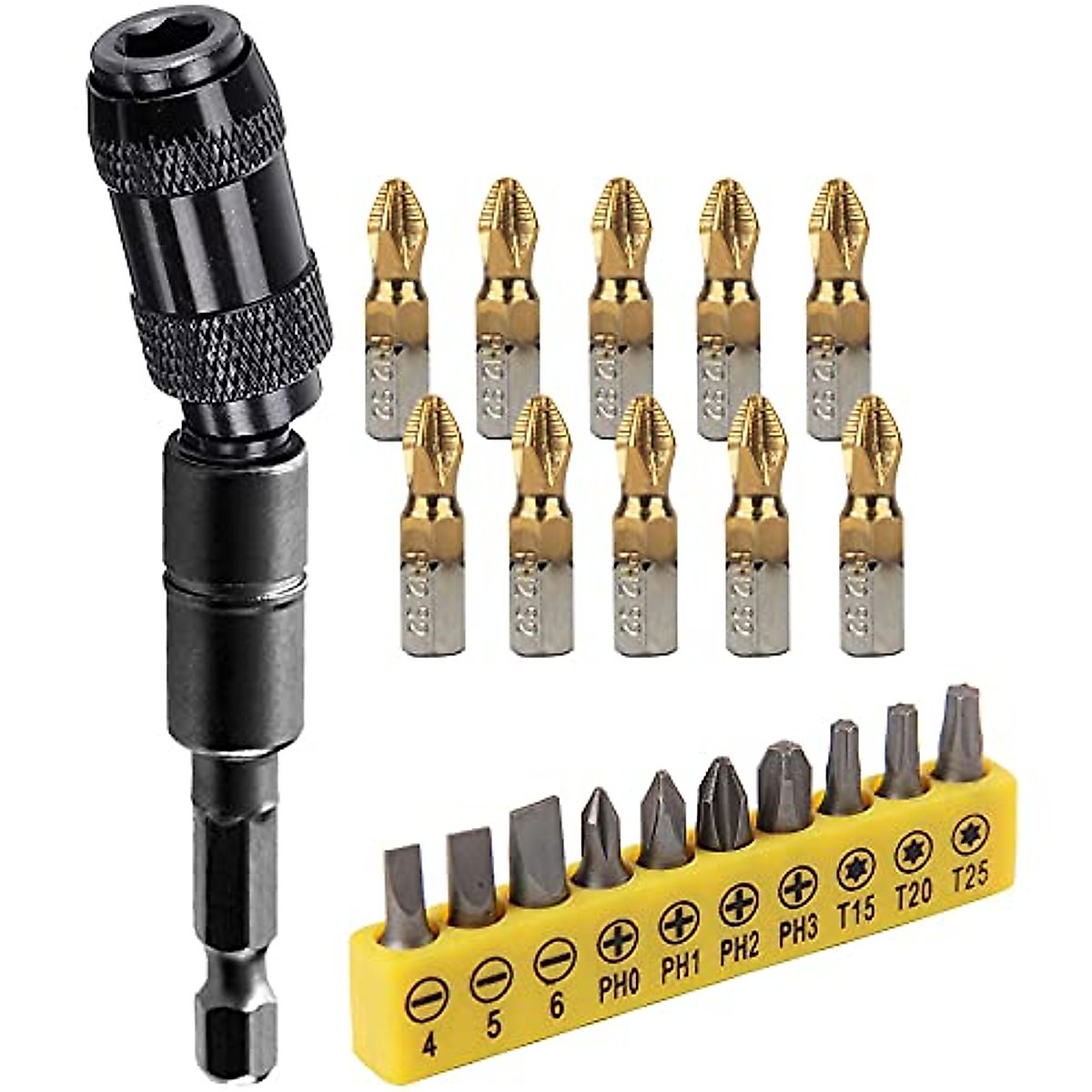 Yakamoz Pivoting Bit Tip Holder Flexible Magnetic Screwdriver Bits Holder Knuckle Extender with 20-Piece Slotted Phillips Torx Screwdriver Set for Tight Spaces or Corners