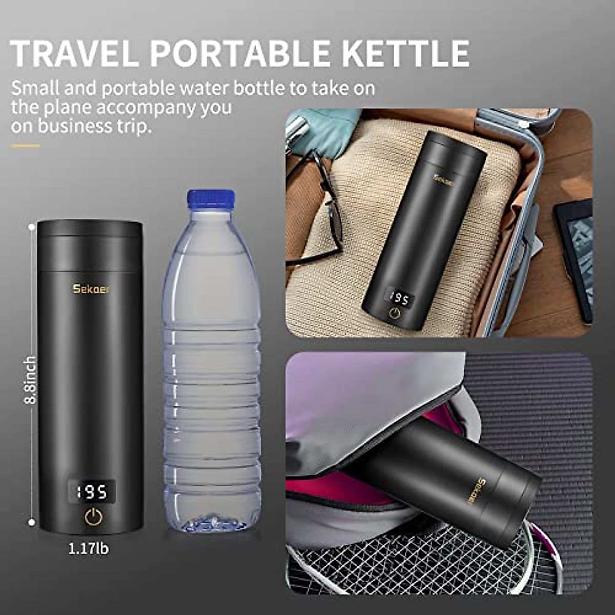 Travel Electric Tea Kettle Portable Small Mini Coffee Kettle, with 4 Variable Presets, Personal Hot Water Boiler 304 Stainless Steel with Auto Shut-Off & Boil Dry Protection, BPA-Free Black