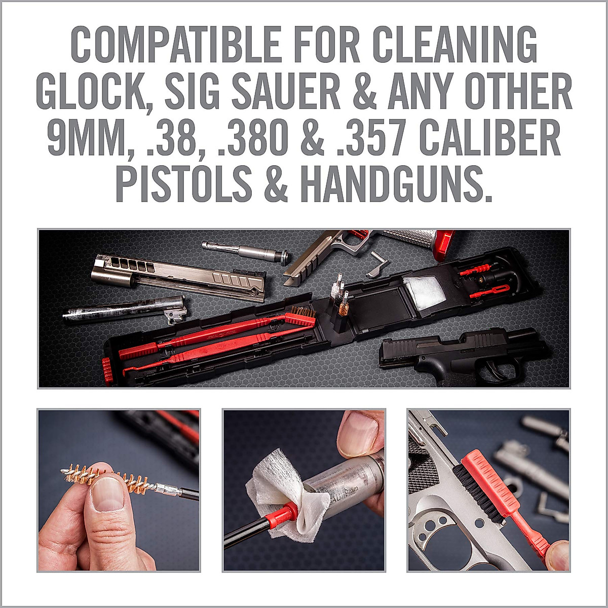 Real Avid 9mm Cleaning Kit for 9mm .357 & .38 Caliber Gun Cleaning | Complete Glock Cleaning Kit & Pistol Cleaning Kit with Bore Brush, Jag, Bore Mop, Cleaning Rod & Gun Cleaning Patches,Charcoal