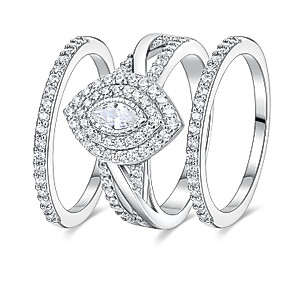 MDFUN Stackable Rings for Women 18K White Gold Plated Three-in-One Marquise Mini Halo CZ Wedding Engagement Promise Eternity Band (6)