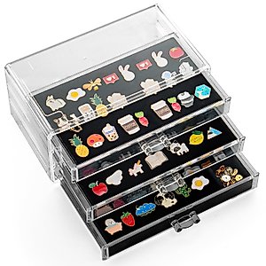 SPAKOWN Pin Display Case, 3 Drawers Enamel Pin Display Box Dustproof Pin Collection Display Holder Pin Organizer for Collectors (Black)