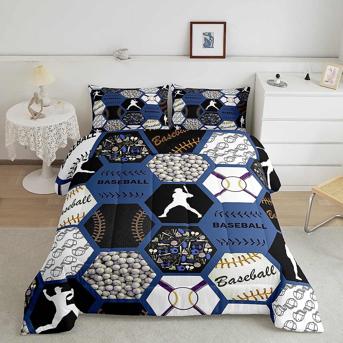 Erosebridal Baseball Bed Set for Boys,Baseball Player Comforter for Kids,Geometric Honeycomb Bedding Set Twin Size,Sports Ball Game Patchwork Quilt Set with 1 Pillowcase Lightweight