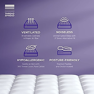 THREAD SPREAD Twin Cooling Mattress Topper, Pillow-Top Optimum Thickness, Soft 100% Cotton Fabric, Breathable & Plush Quilted Down-Like Fill, Snug Deep Pocket fit - White