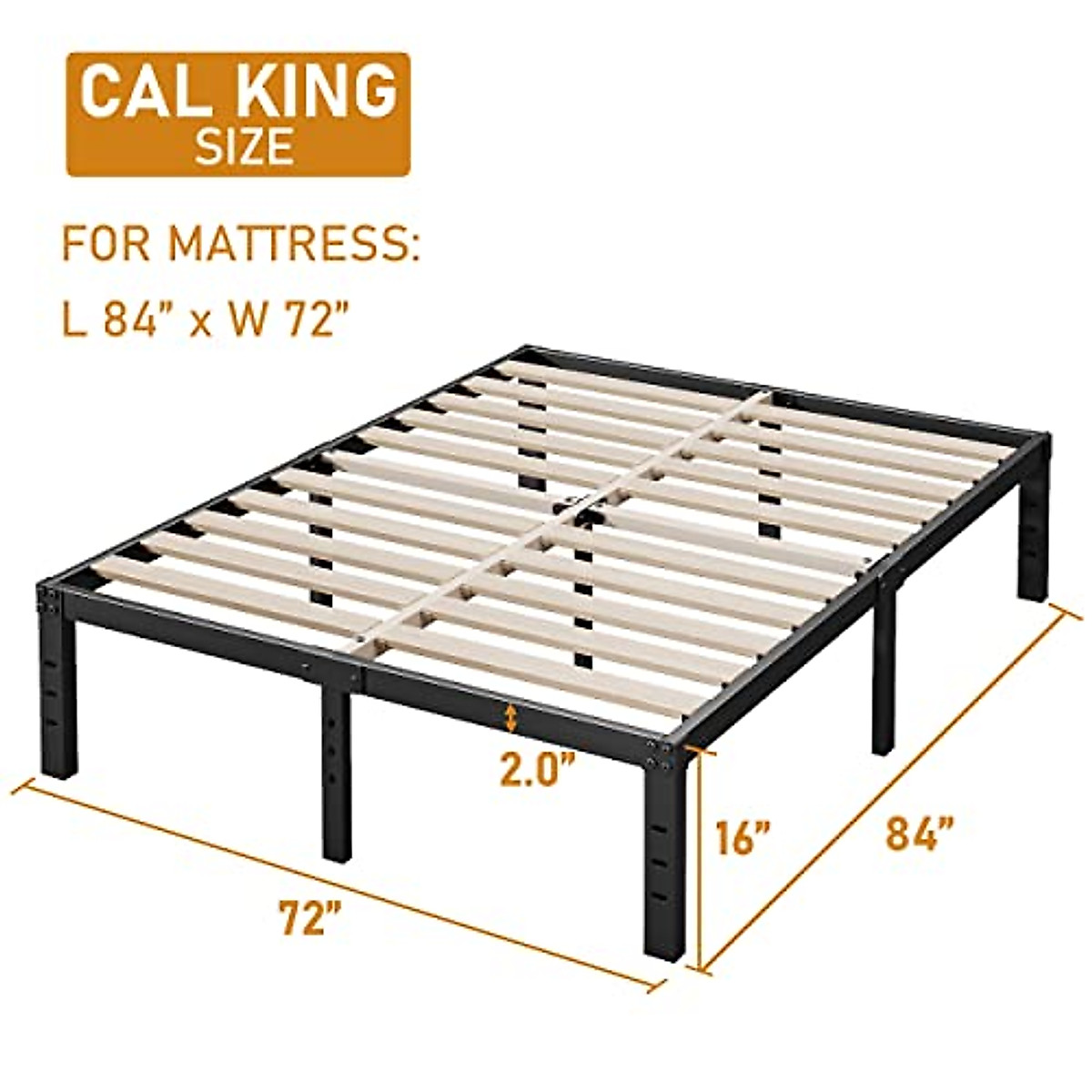 Cleaniago California King Bed Frame, 3" Wide Wood Slats with 3500lbs Support for Mattress, No Sagging, No Slip, No Box Spring Needed, Noise Free, Anti-Slip, Easy Assembly, Black-16 Inch Tall