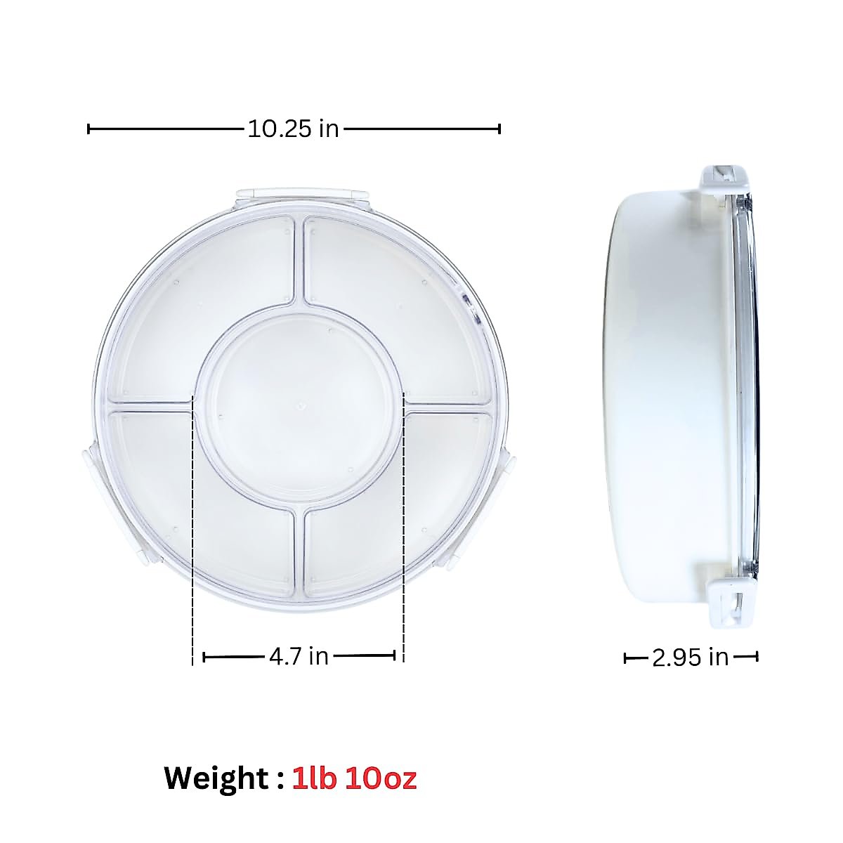 Airtight 5-Compartment Removable Multi Divided Serving Tray with Lid, Portable Charcuterie Container, Snackle Platter, Snack Box, Easy Prepping Organizer Cansiter for Veggie, Fruit, Ingredient (Round)