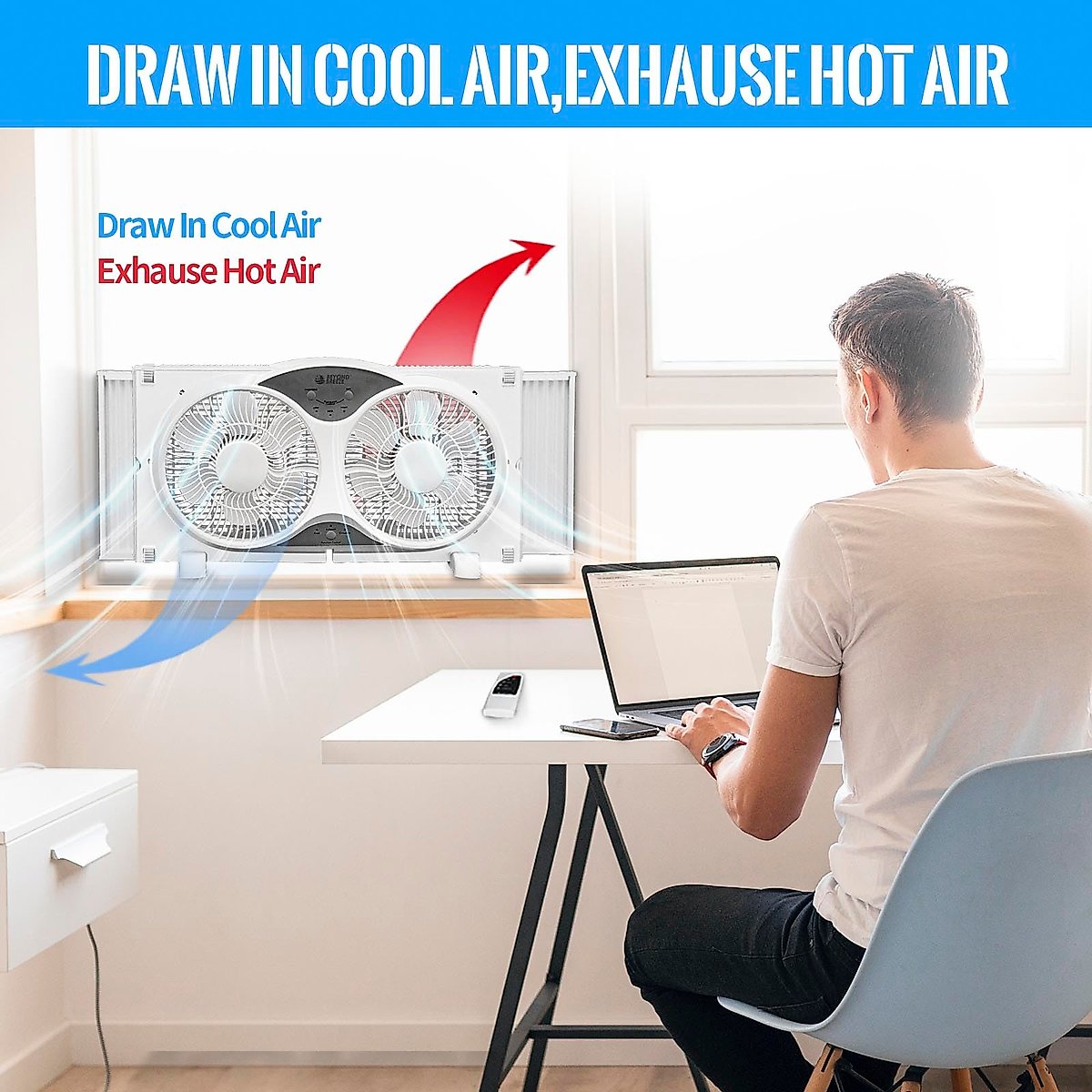 BEYOND BREEZE 9" Twin Window Fan 2-Speed Reversible Airflow Blades, Expandable, Manual Controls (Min. 22.4" Max. 34.3")
