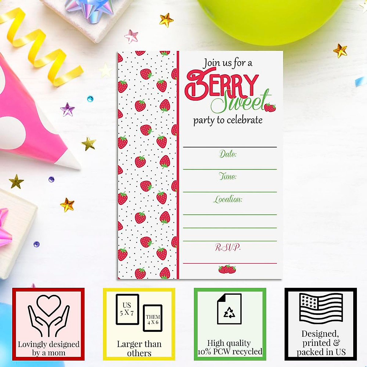 Strawberry Themed Birthday Party Invitations, 20 5x7 Fill In Cards with Twenty White Envelopes by AmandaCreation