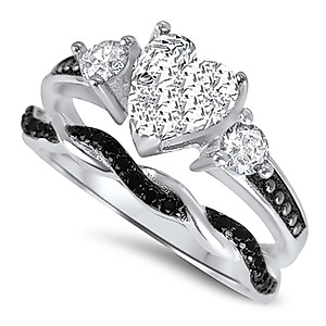 LaRaso & Co His and Hers 3 Piece Trio Sterling Silver Black Wedding Band Engagement Ring Set