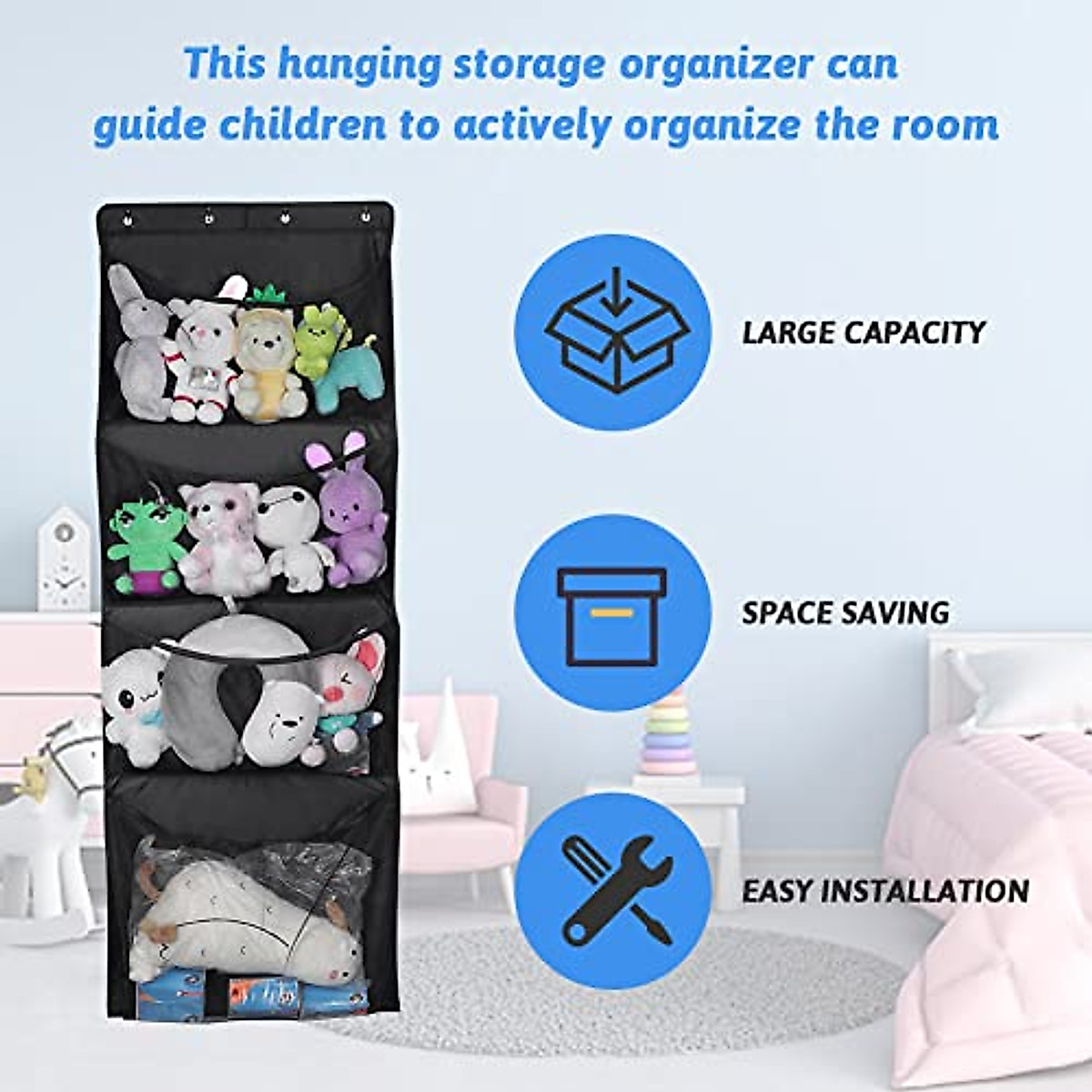 Stuffed Animal Organizer, 4 Pockets Over Door Organizer for Stuffies and Toy Plush, Kids Bedroom Organization Animal Storage Net Hammock with Hooks, Hanging Toy Plush Storage for Nursery, Bedroom