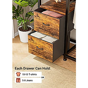 Lulive Clothes Rack, Heavy Duty Garment Rack for Hanging Clothes, Industrial Clothing Racks with Shelves, 2 Fabric Drawers, 4 Hooks, 2 Hanging Rods, Freestanding Closet Organizer, Rustic Brown