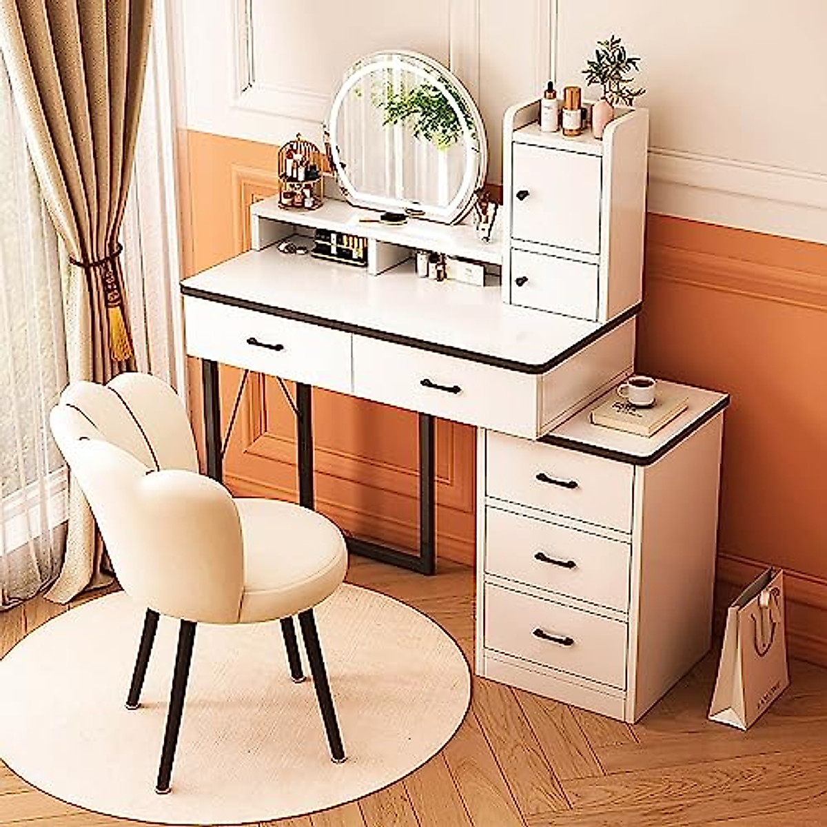 Makeup Desk With Drawers and Mirror Light Make Up Vanity Station Brightness Adjustable Vanity Table Set With Lots Storage Hidden And Open Storage Shelves White Vanity Desk Vanity for Women Girls