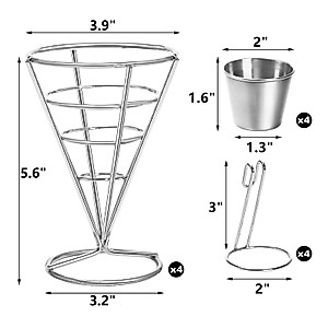 Peohud 4 Pack French Fries Stand, Chip Cone Basket with Sauce Dipper, Metal Wire French Fry Holder, Fried Chicken Display Rack for Food Snack Appetizers Kitchen Restaurant Buffet Picnic Party