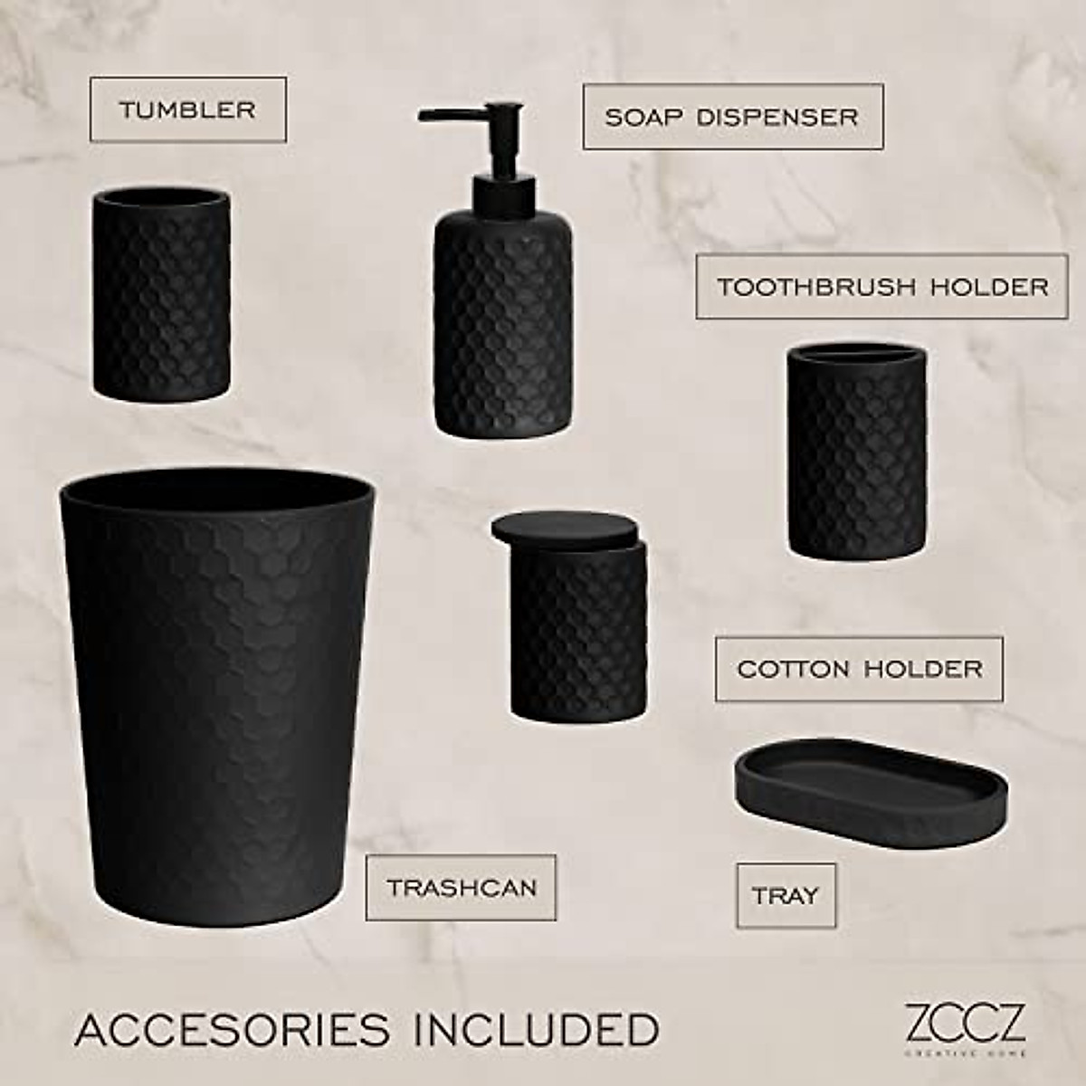 zccz 6 Piece Bathroom Accessories Set, Toothbrush Holder, Toothbrush Cup, Soap Dispenser,Bathroom Vanity Tray, Qtip Holder, Trash Can - Black