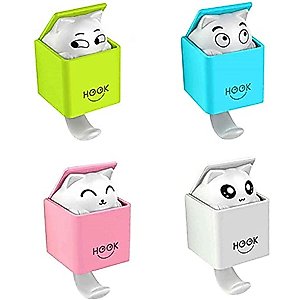 LuoCoCo 4PCS Cute Cat Hooks Wall Mounted, Peek-A-Boo Coat Hooks for Door, Adhesive Decorate Single Hook for Kids Girls Room/Bathroom/Bedroom Hanging Keys Towel Bag Cloth Gift Choice for Chirstmas