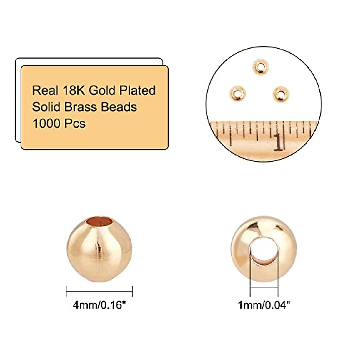 NBEADS About 1000 Pcs Real 18K Gold Plated Solid Brass Beads, 4mm Metal Spacer Beads, Golden Beads for Bracelet Necklace Earring Jewelry Making, 1.2mm Hole