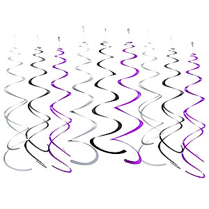 Purple Black and Silver Foil Swirl Hanging Decoration Streamer for Birthday Graduation Wedding Party Supplies, Pack of 21