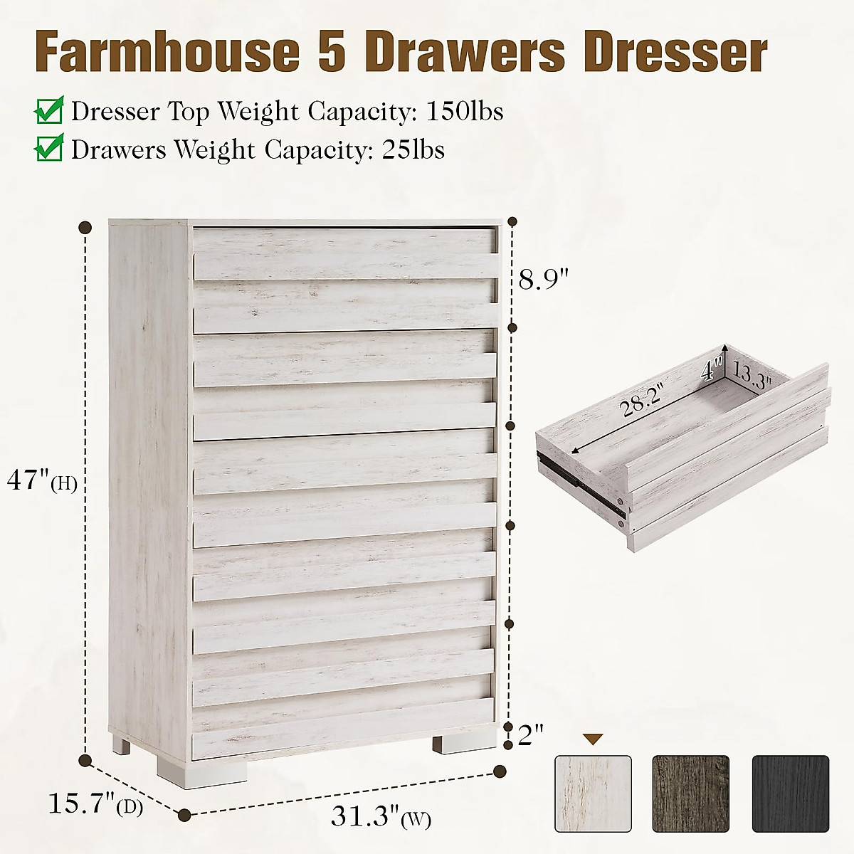 Albott Farmhouse 5 Drawers Dresser, Wood Rustic Chest of Drawers for Bedroom, Tall Dressers Organizer with Hidden Handles for Living Room, Hallway, Entryway, Distressed White