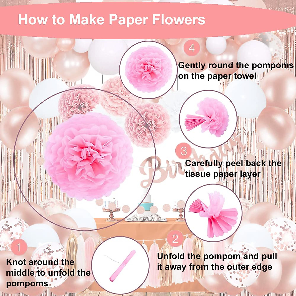 Rose Gold Pink Birthday Party Decorations, Happy Birthday Banner, Rose Gold Party Decorations for Women, 2PCS Fringe Curtains, Paper Tassels Garland, Circle Dots Garland for Women Girls Birthday Decorations