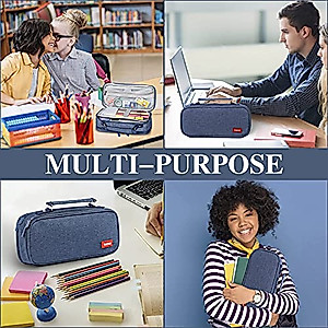 GUSEN Big Capacity Pencil Case Stationery Storage Pen Pouch Bag Double Zipper Multiple Compartments Organizer Cosmetic Portable High School Organizer College Student Teen Adult Boy Girl-Denim Blue