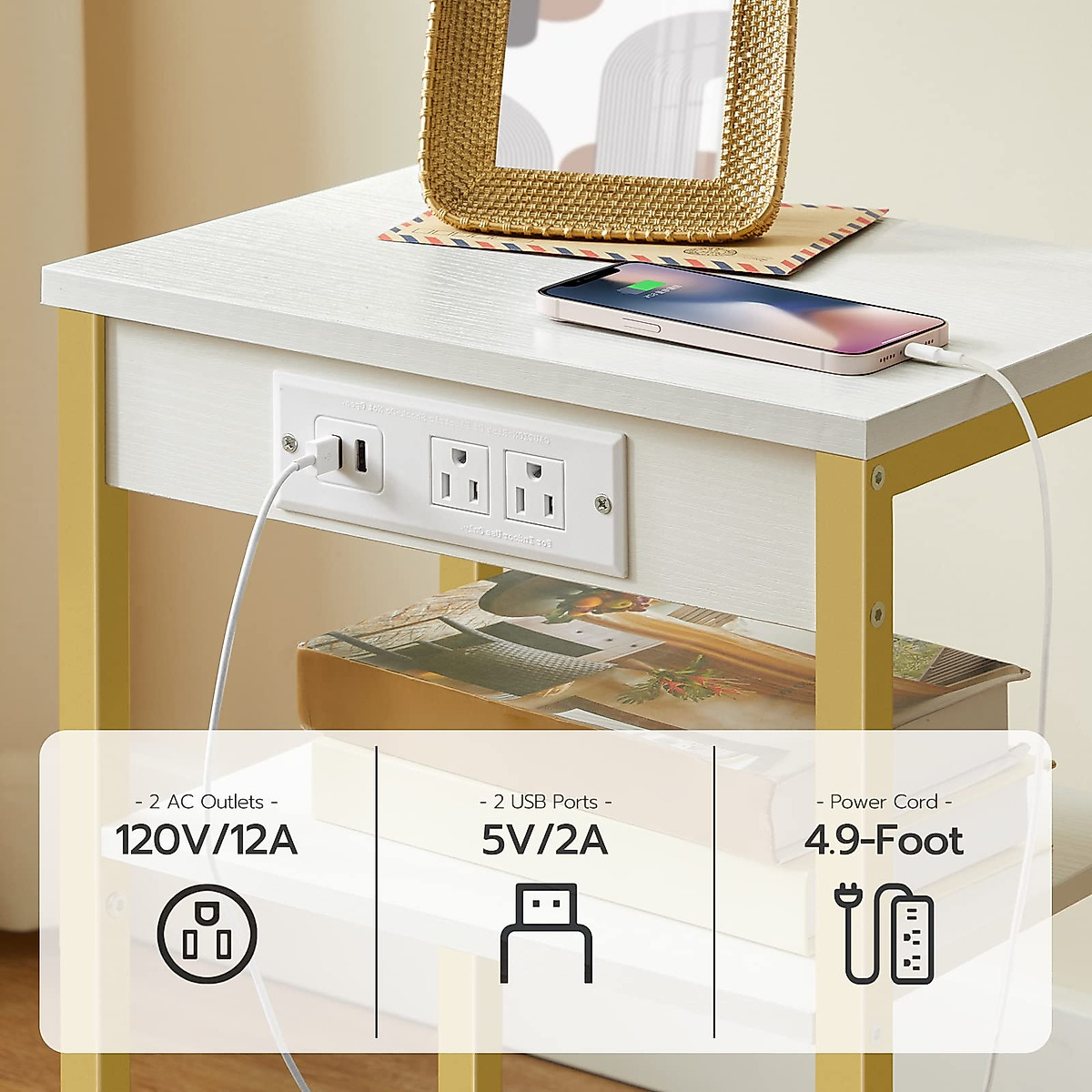 HOOBRO End Table with Charging Station and USB Ports, 3-Tier Nightstand with Adjustable Shelves, Small Side Table for Small Space in Living Room, Bedroom and Balcony, White and Gold DW112BZ01G1