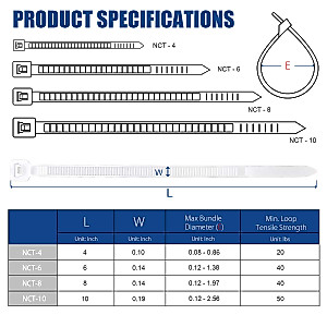 Cable Zip Ties 10 Inch, 200Pcs Industrial Nylon Zip Ties | Heavy Duty Self Locking Wire Tie Wraps with 50 lbs Tensile Strength, Heat Resistant for Home Office Garage Multiple Use - White