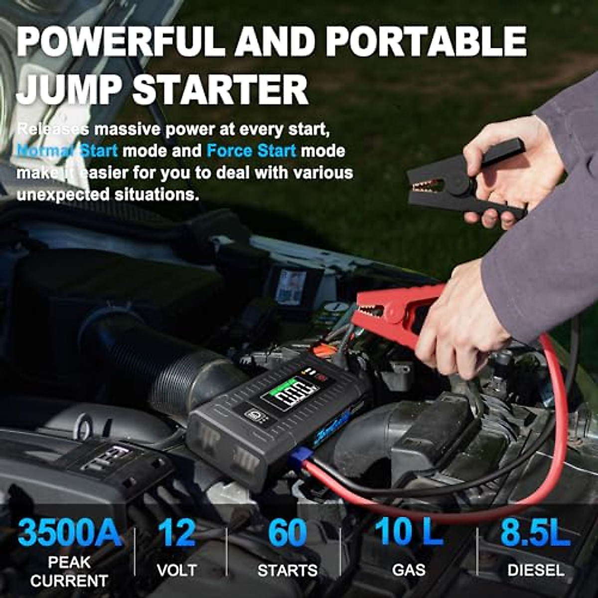 JOMGAND JQ3500 Portable Jump Starter, 3500A 12V Car Battery Booster Pack for Upto 10.0L Gas or 8.5L Diesel Engines, Jumper and Jump Box with 100W Two Way Fast Charge, 36 Months Ultra-Long Standby