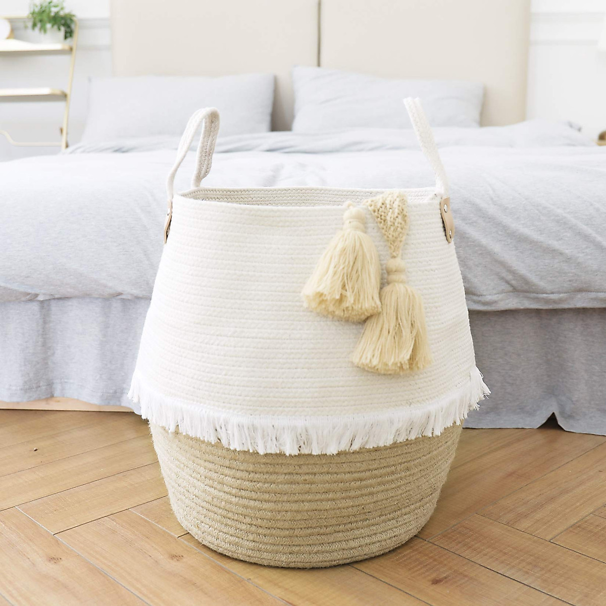 LA JOLIE MUSE Woven Blanket Basket Living Room, Decorative Nursery Laundry Hamper for Clothing Plant Toys Storage, Large Cotton Rope Basket with Jute, 16”15”12”,Off White & Jute
