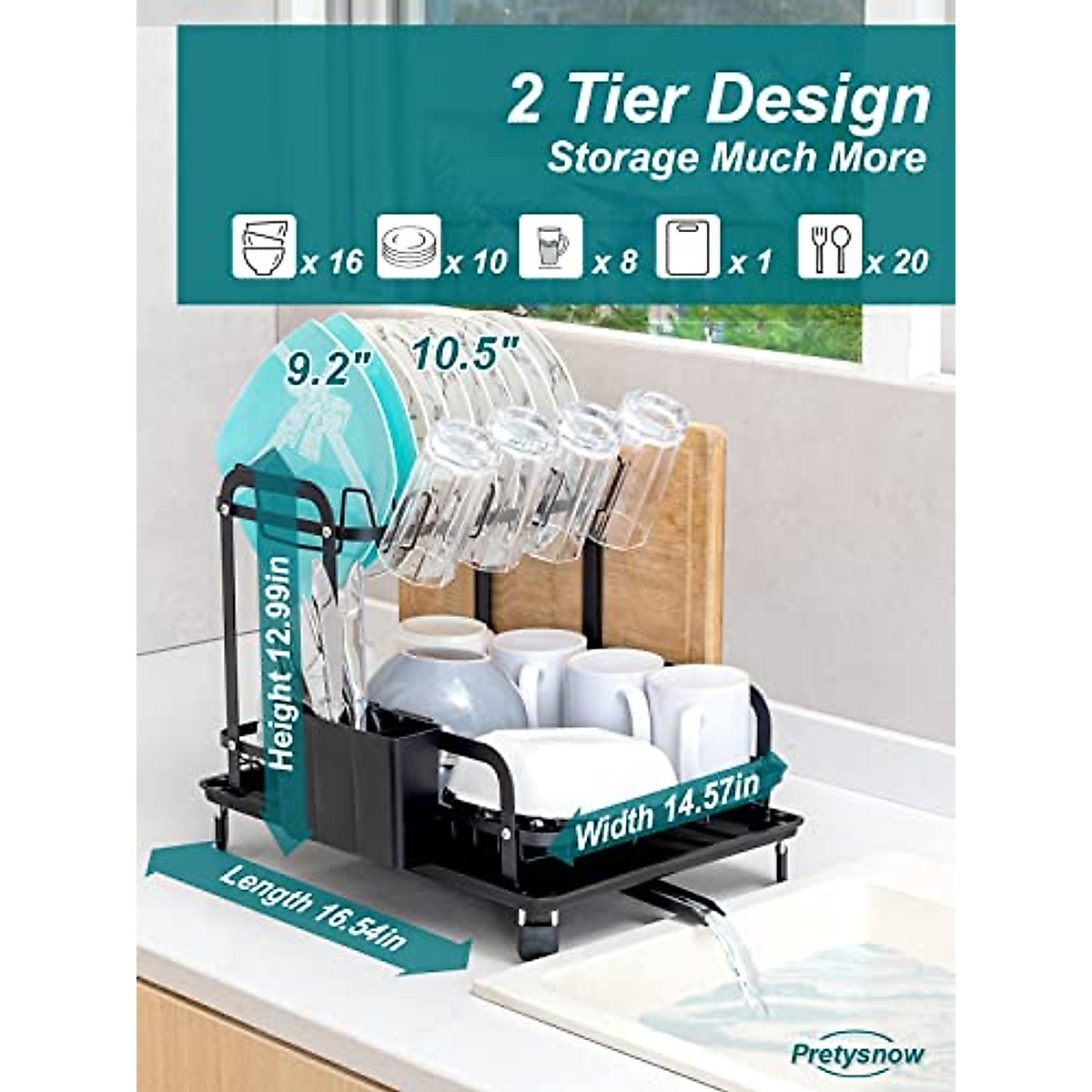 pretysnow Dish Drying Rack with Drainboard - 2 Tier Dish Racks for Kitchen Counter, Large Dishes Drainer with Auto Drainage, Carbon Steel Disk Strainer Set, Black